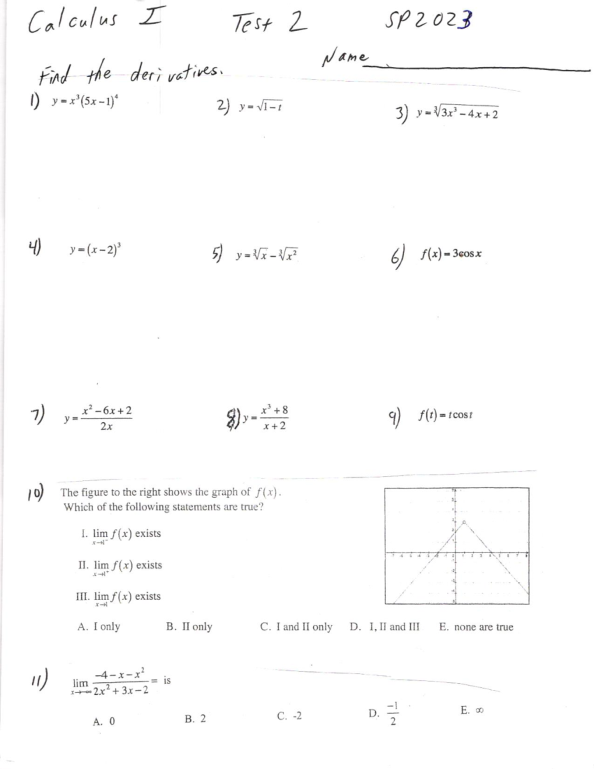 CAL I TEST 2 - test - Calculus I Test 2 SP 2023 Name Find the ...