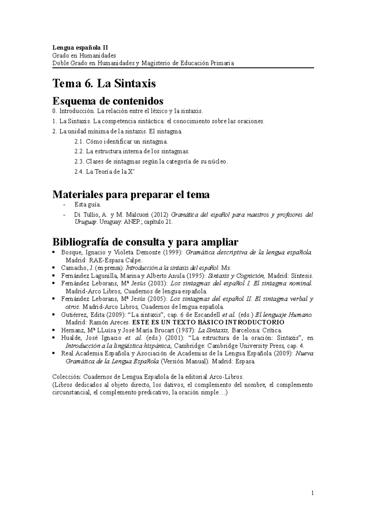 Tema 6 La Sintaxis def - Apuntes 6 - Lengua española II Grado en ...