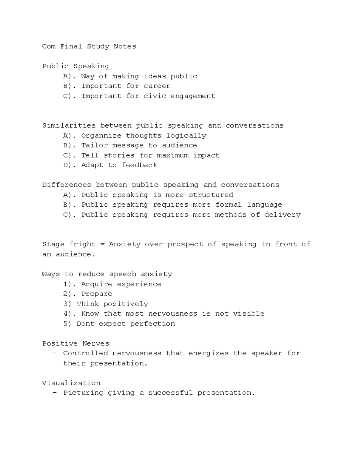 Com study notes - Com Final Study Notes Public Speaking A). Way of ...