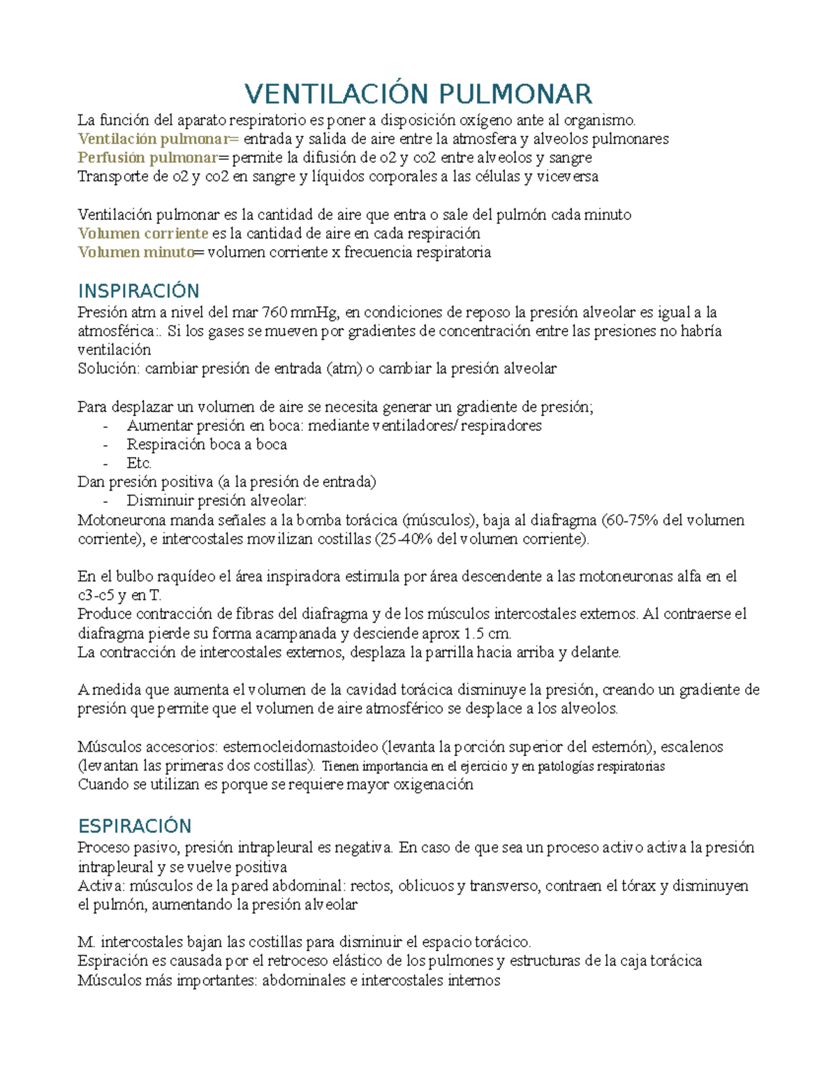 Ventilación pulmonar - VENTILACIÓN PULMONAR La función del aparato respiratorio es poner a - Studocu
