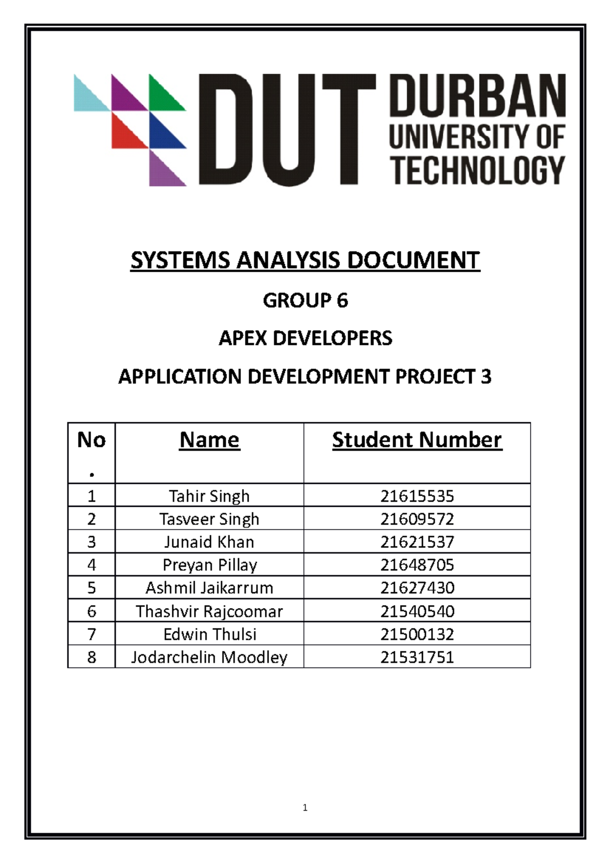 System Analysis document - SYSTEMS ANALYSIS DOCUMENT GROUP 6 APEX ...