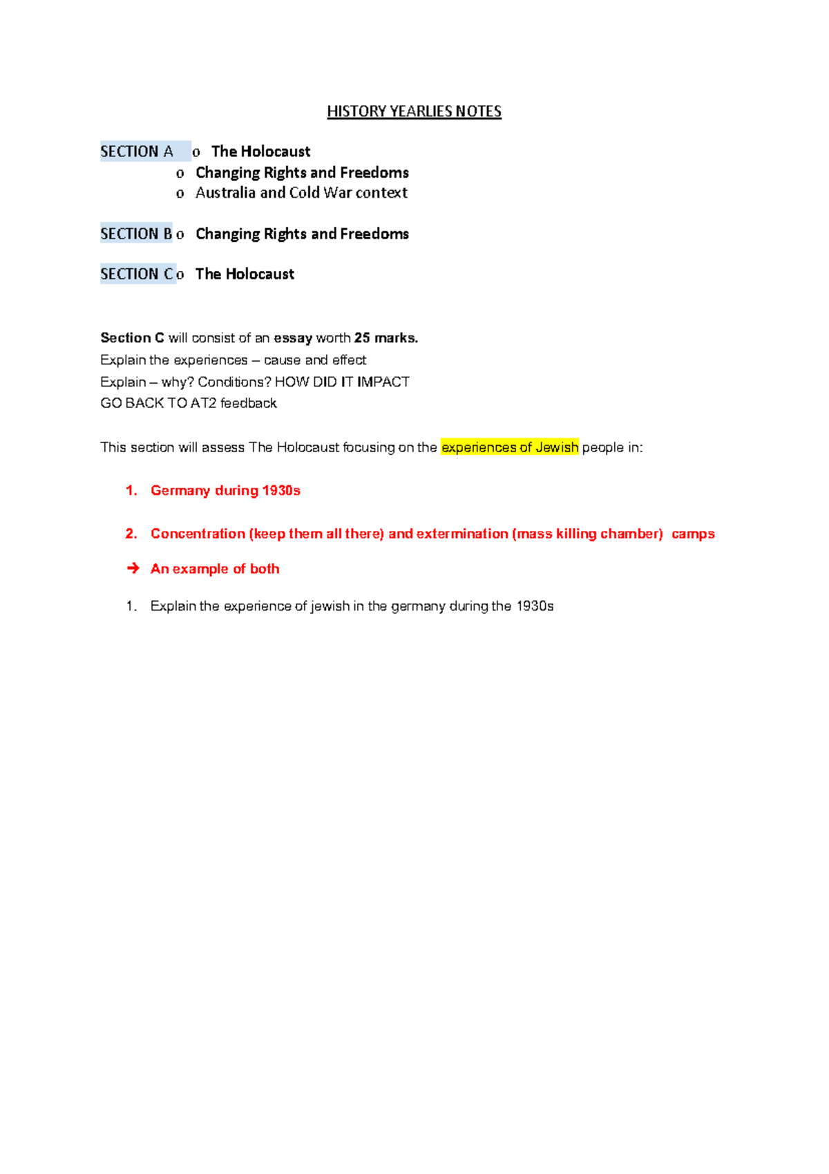 Y10 History Yearly Notes - HISTORY YEARLIES NOTES SECTION A o The ...