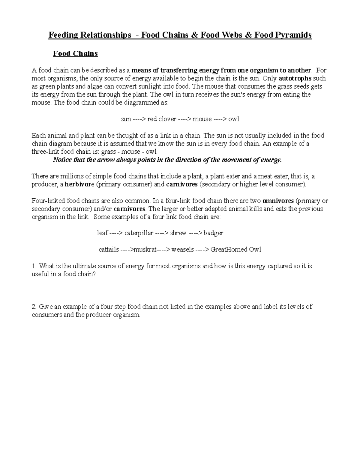 Feeding Relationships Reading - Feeding Relationships - Food Chains ...