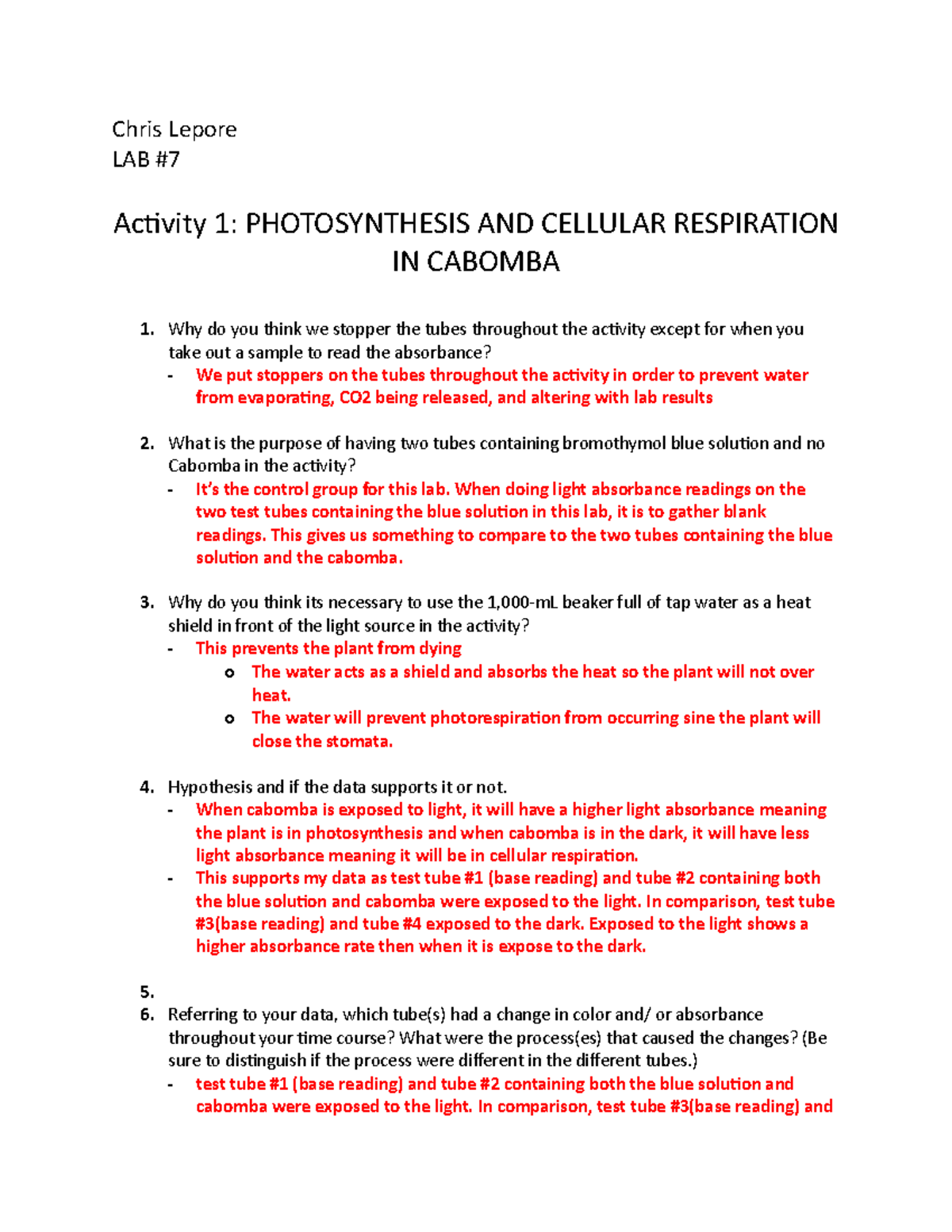 Bio 1010 LAB 7 Questions - Chris Lepore LAB Activity 1: PHOTOSYNTHESIS ...