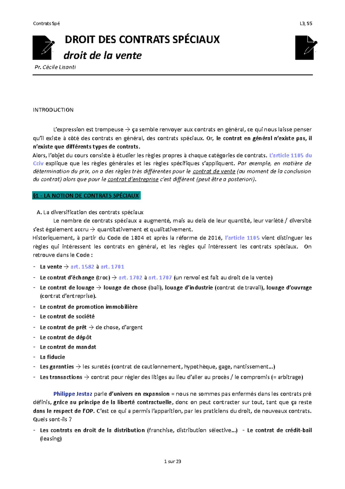 Cour de droit des contrats spéciaux - DROIT DES CONTRATS SPÉCIAUX droit ...