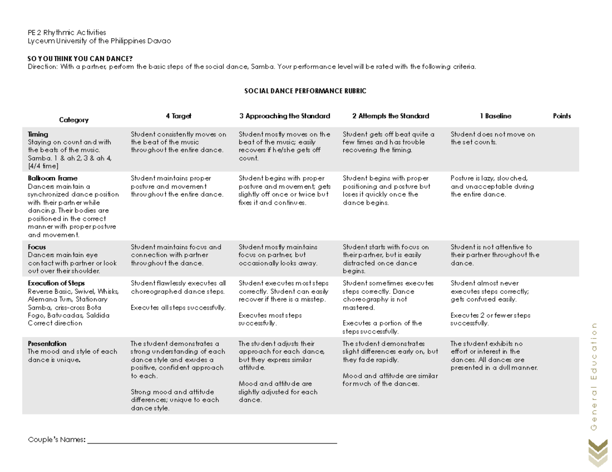 PE 2 Social Dance Rubric - PE 2 Rhythmic Activities Lyceum University ...