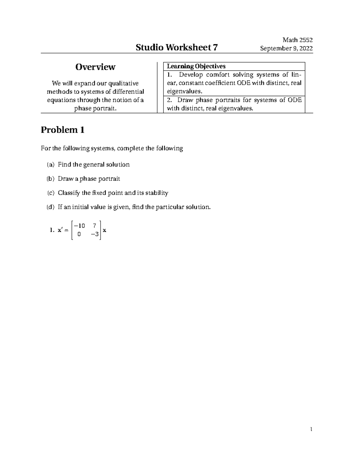 WS 7 - Studio worksheet 7 - Studio Worksheet 7 Math 2552 September 9 ...