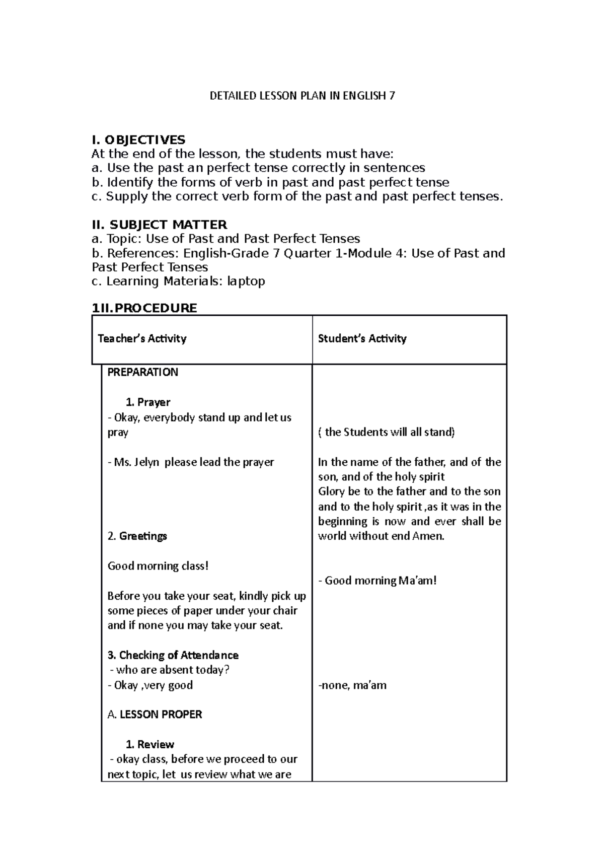 Detailed Lesson PLAN IN English 7 - DETAILED LESSON PLAN IN ENGLISH 7 I ...