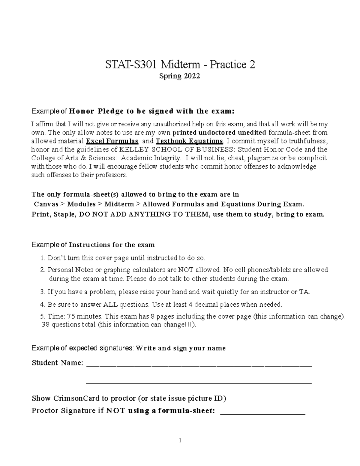 Midterm 1Practice 2 solutions - Example of Honor Pledge to be signed ...