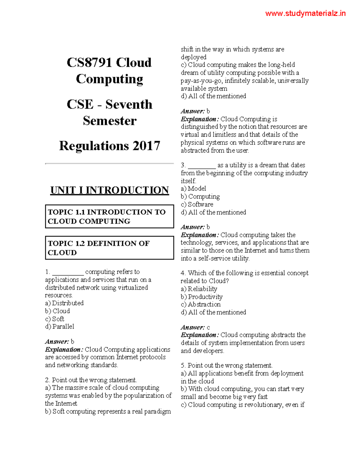 Toaz - its good - CS8791 Cloud Computing CSE - Seventh Semester Regulations 2017 UNIT I ...