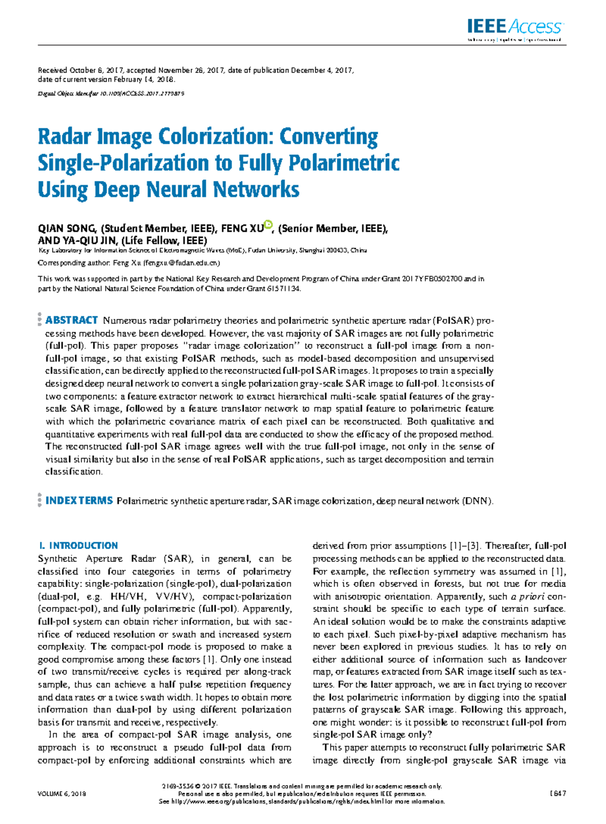 Radar Image Colorization Converting Single Polarization To Fully Polarimetric Using Deep Neural