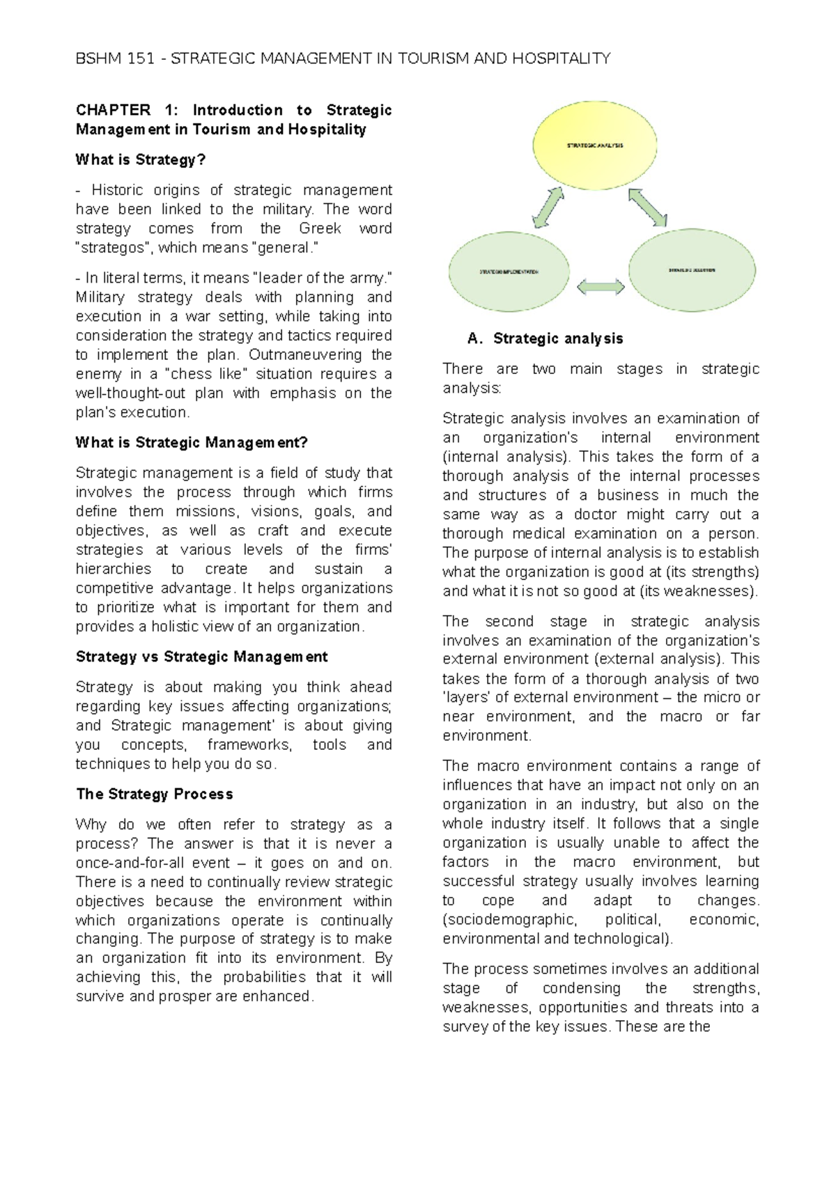 Stratma - Chapter 1 & 2 - Lectures only - CHAPTER 1: Introduction to Strategic Management in ...