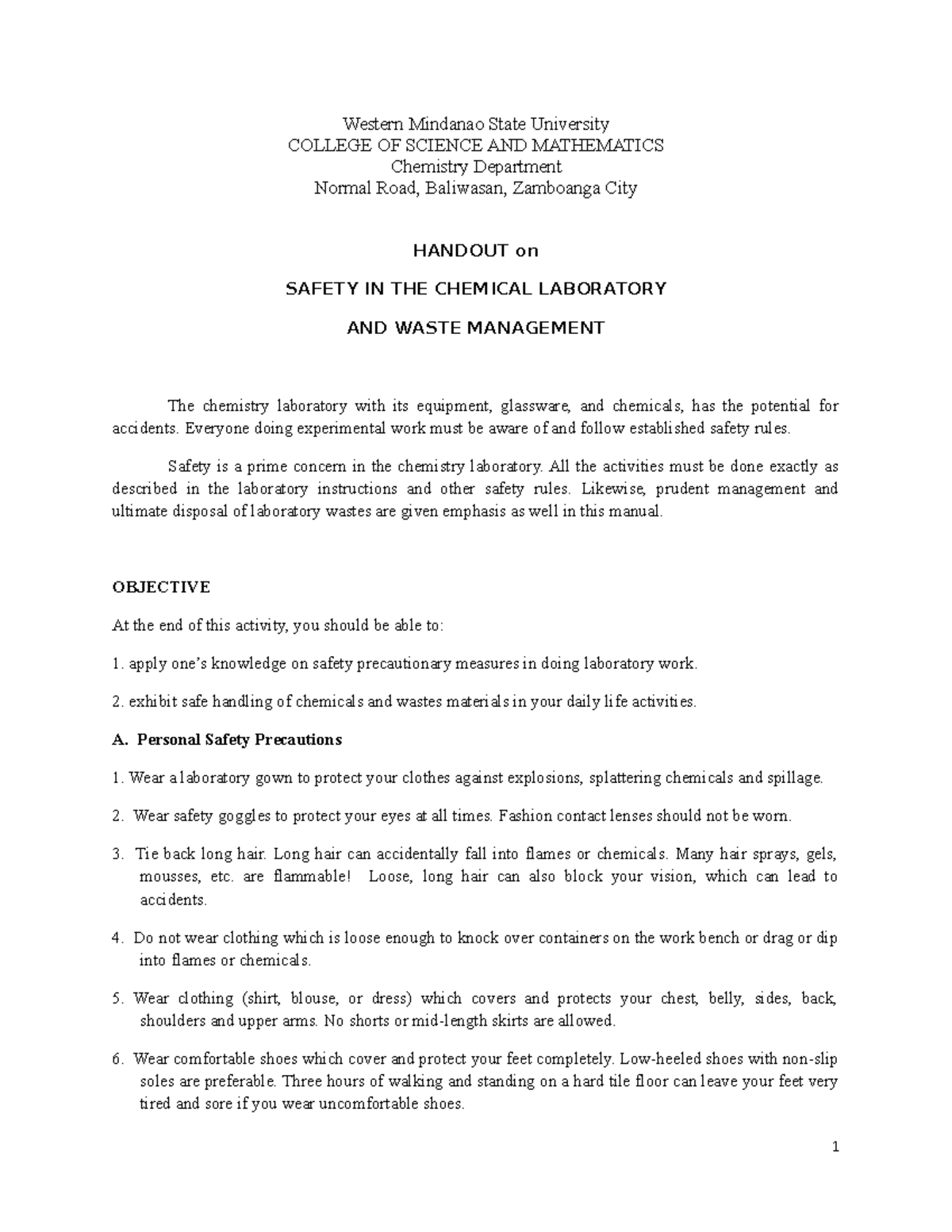 Handout 1 Safety in the Laboratory - Western Mindanao State University COLLEGE OF SCIENCE AND ...