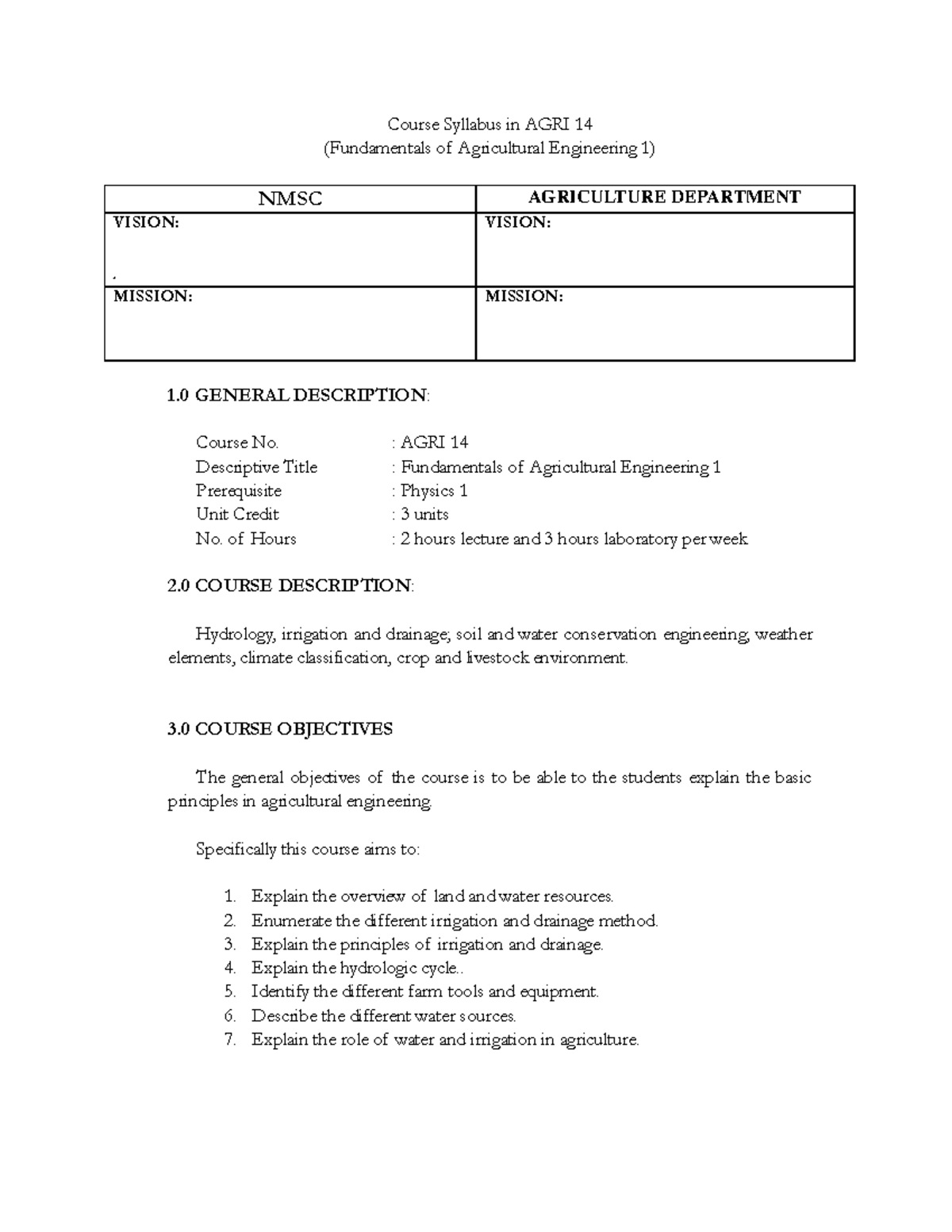 Fundamental of agricultural engineering 1 - Course Syllabus in AGRI 14 ...