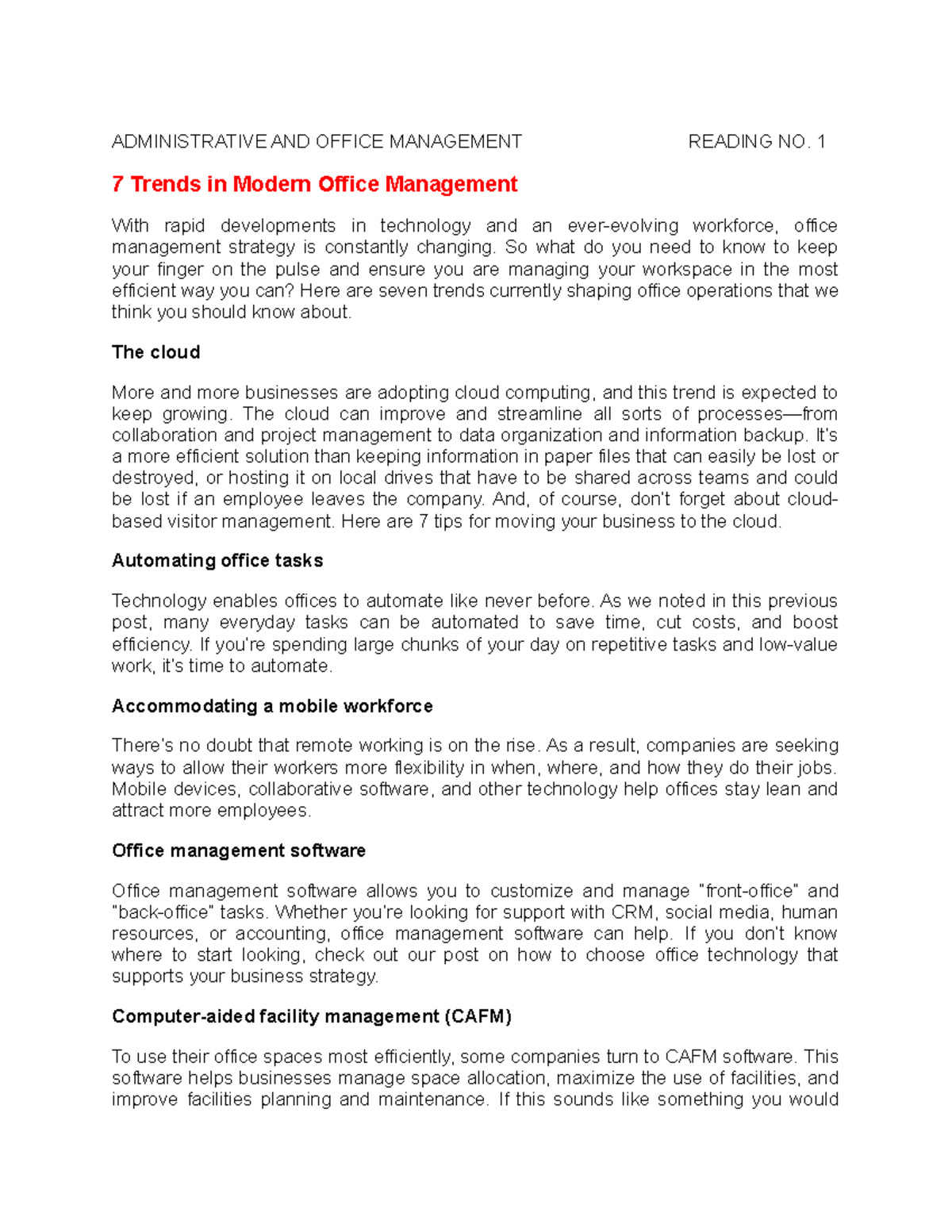 AOM- Reading NO. 1 - ADMINISTRATIVE AND OFFICE MANAGEMENT READING NO. 1 ...