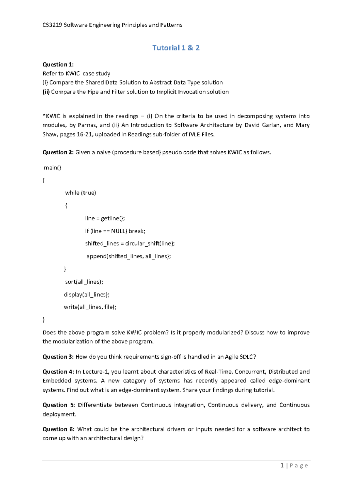 Tutorials 1 and 2 - Tutorial - CS3219 Software Engineering Principles and Patterns 1 | P a g e ...