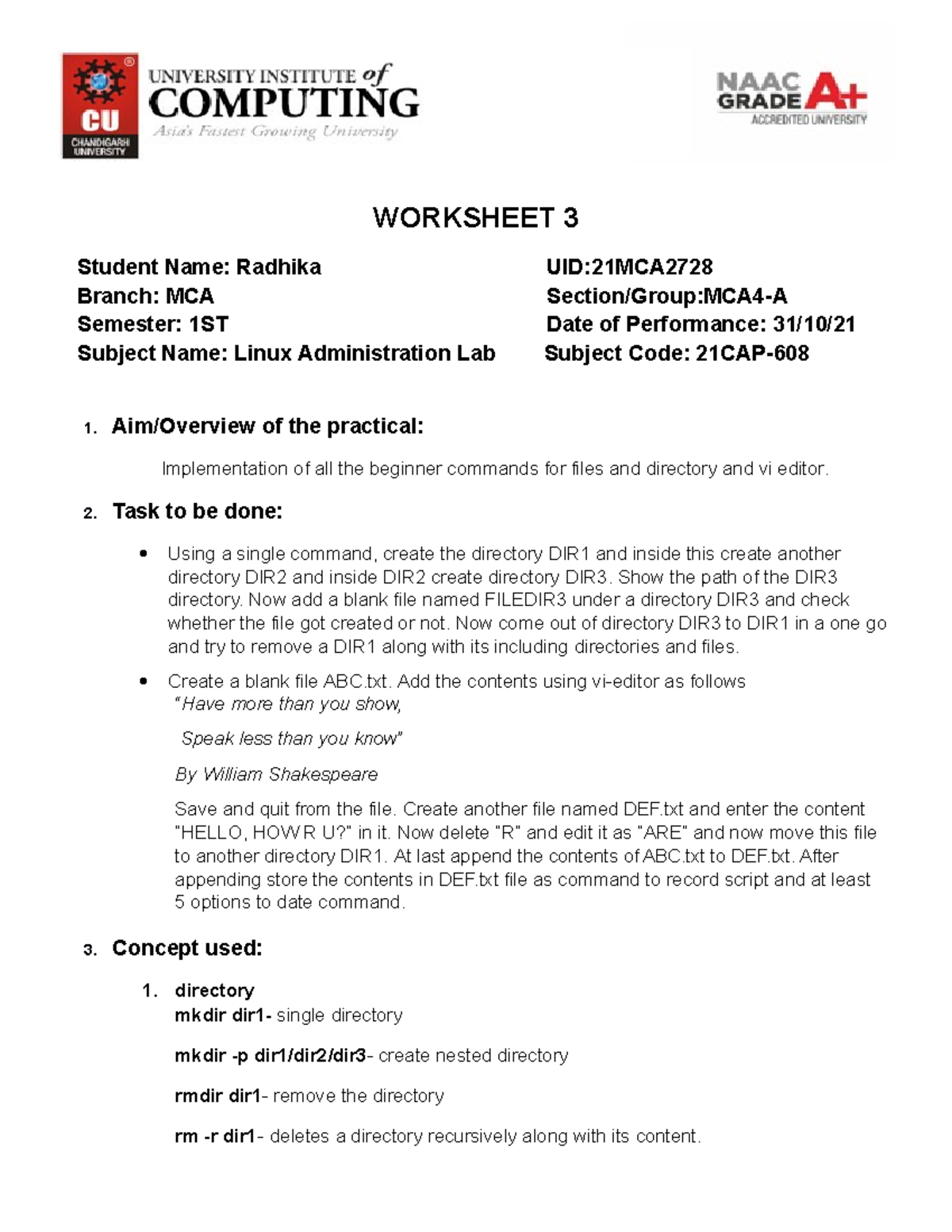 Linux worksheet 3-1 - WORKSHEET 3 Student Name: Radhika UID:21MCA ...
