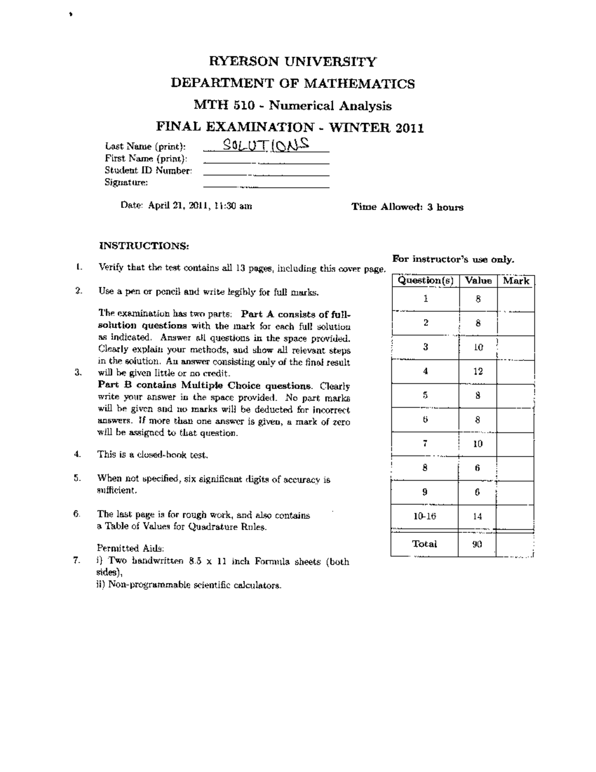 Exam 6 April 2011, questions and answers - Final - RYERSON UNIVERSITY ...