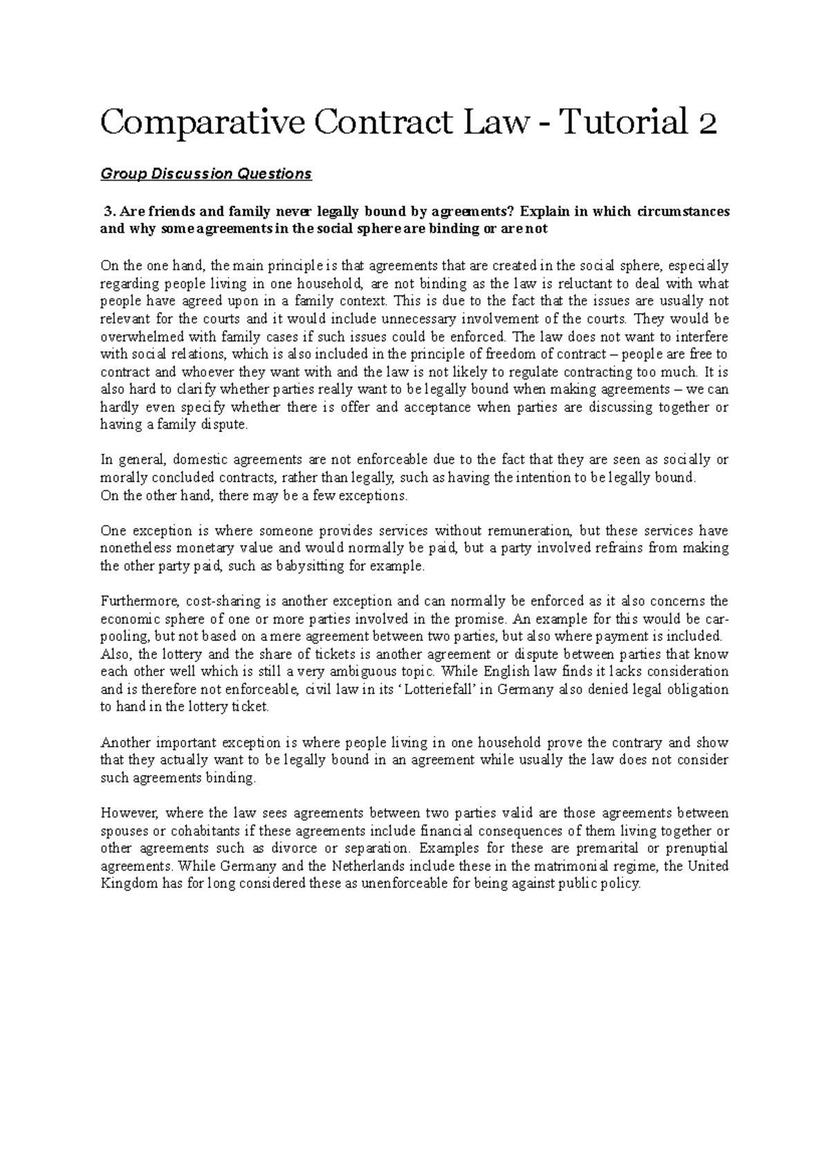 Friends and family in contracts - Comparative Contract Law - Tutorial 2 ...