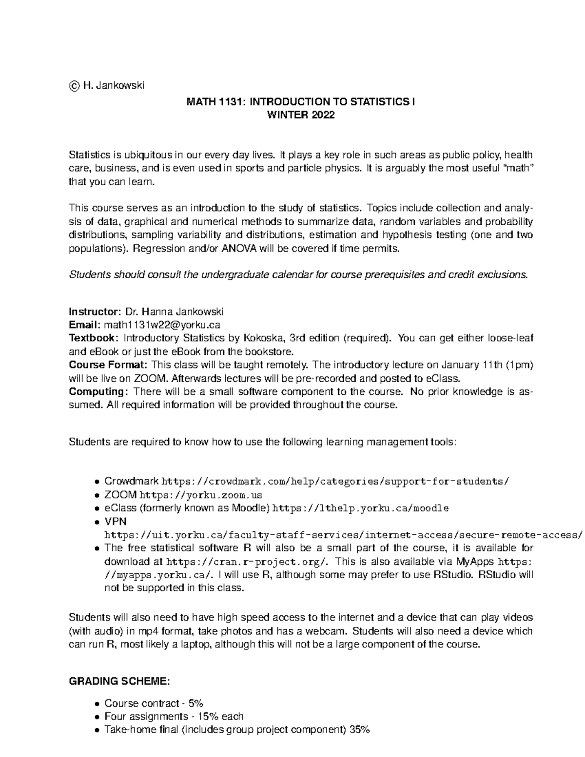 MATH1131W22syllabus - ©c H. Jankowski MATH 1131: INTRODUCTION TO ...