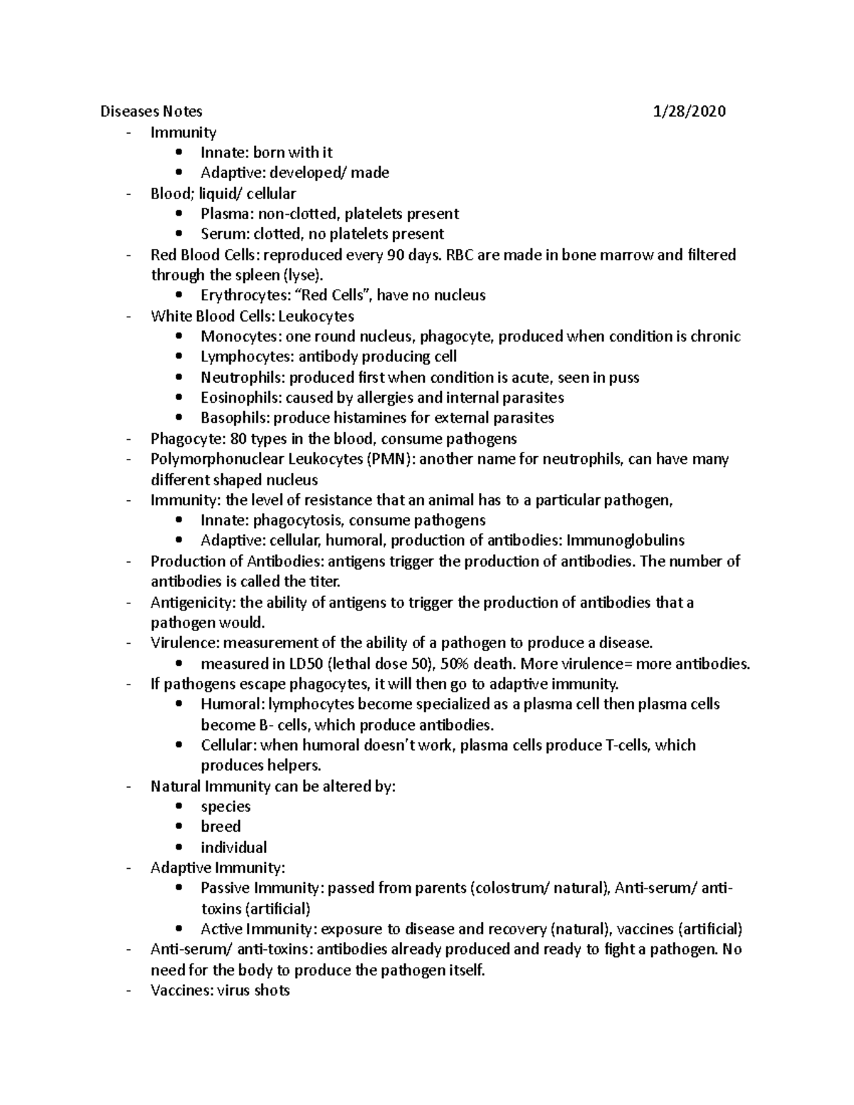Diseases Notes Lecture 3 - Diseases Notes 1/28/ - Immunity Innate: born ...