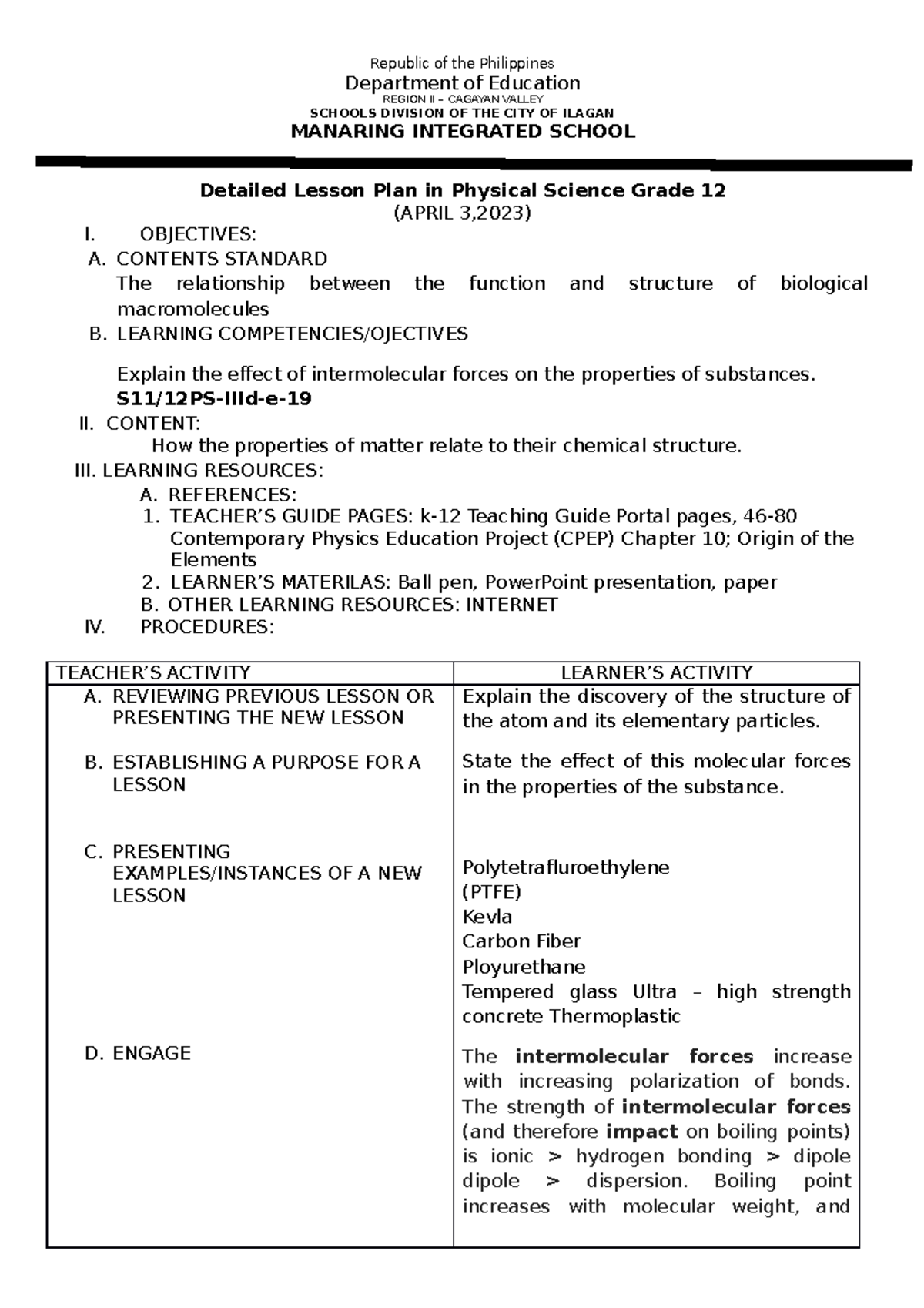 April 3, 2023 - DETAILED LESSON PLAN IN PHYSICAL SCIENCE - Republic of ...