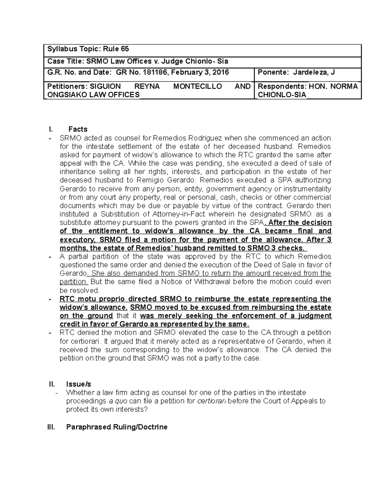 SRMO Law Offices v. Judge Chionlo- Sia - Syllabus Topic: Rule 65 Case ...