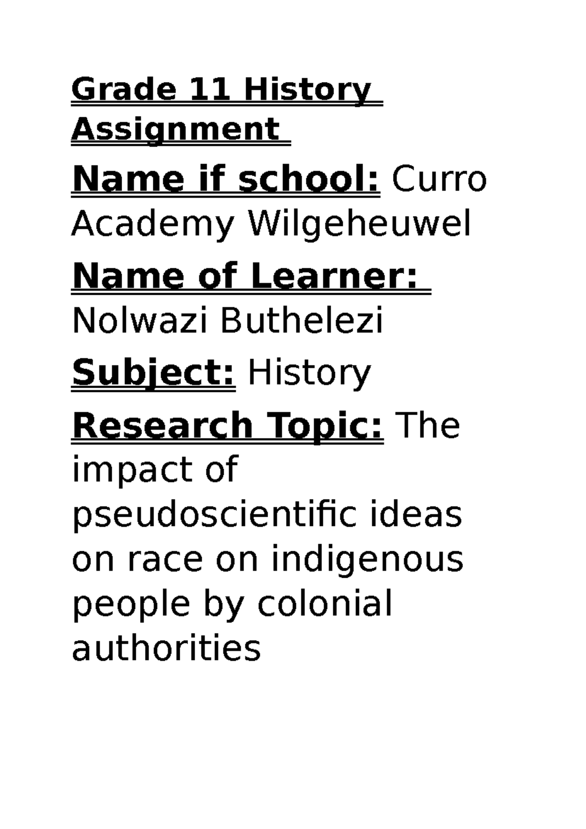 Grade 11 History Assignment - Grade 11 History Assignment Name if ...