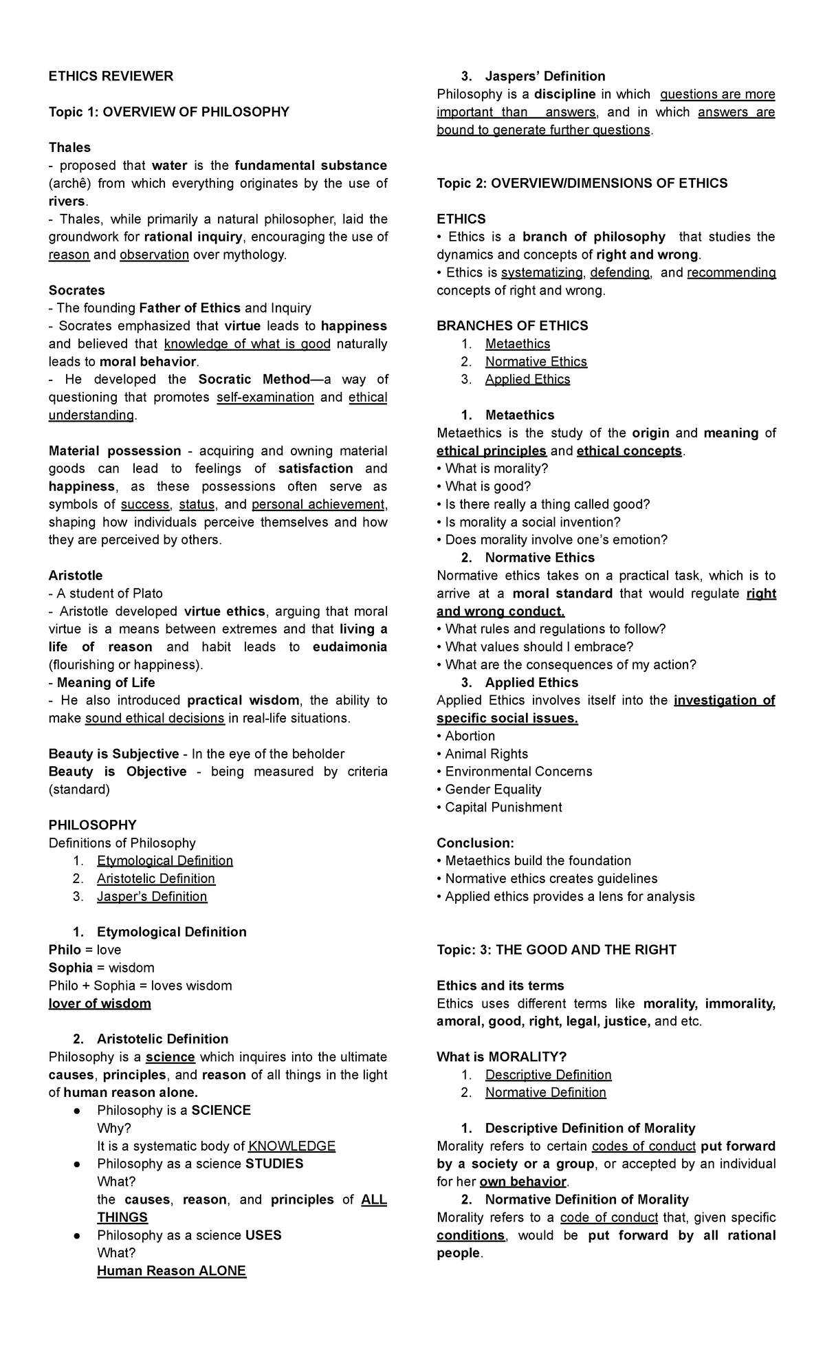Ethics- Midterm- Reviewer - ETHICS REVIEWER Topic 1: OVERVIEW OF ...