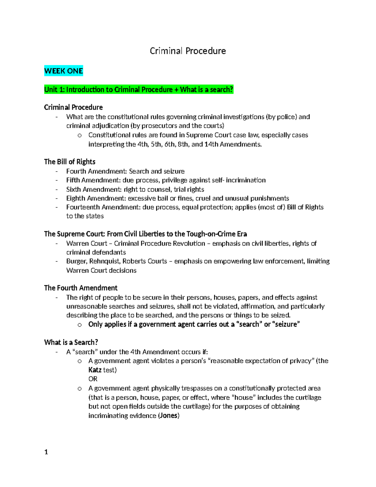 Criminal Procedure - Outline 2 - Criminal Procedure WEEK ONE Unit 1 ...