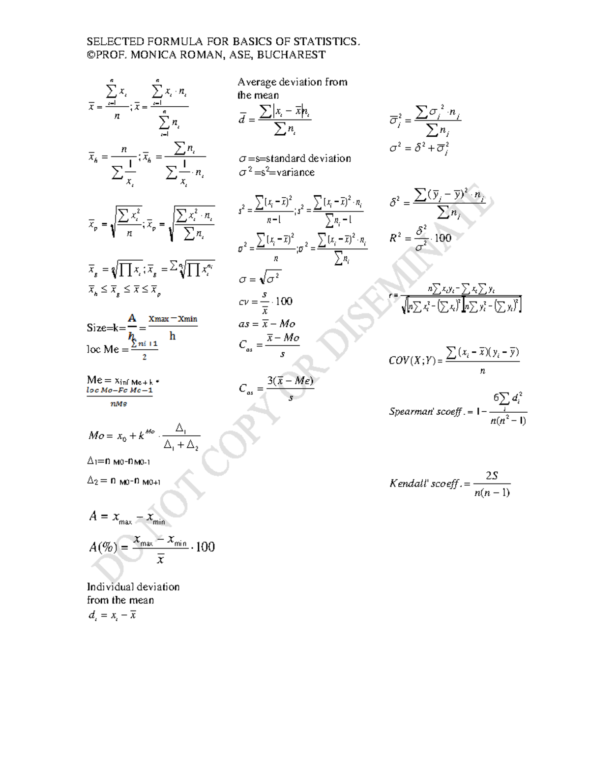 Formulas Statistics 2024 MR - SELECTED FORMULA FOR BASICS OF STATISTICS ...