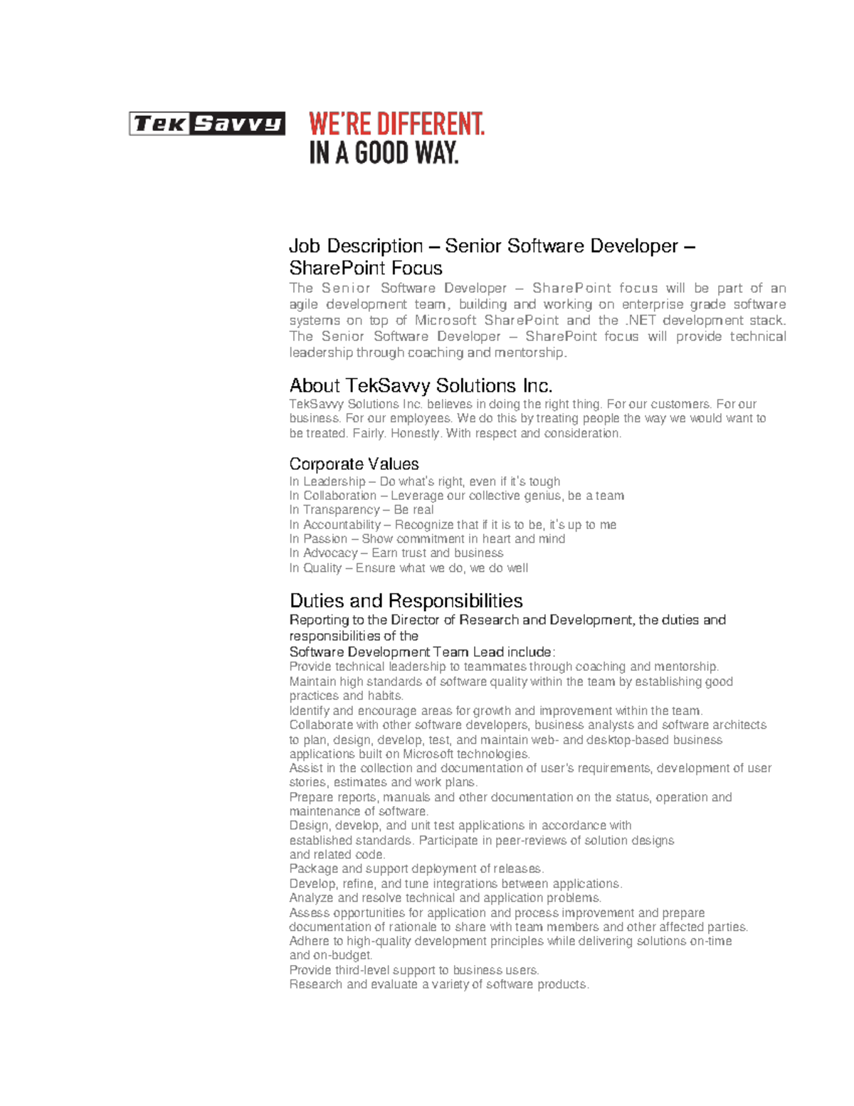 Senior Software Developer - Share Point Focus - Job Description ...