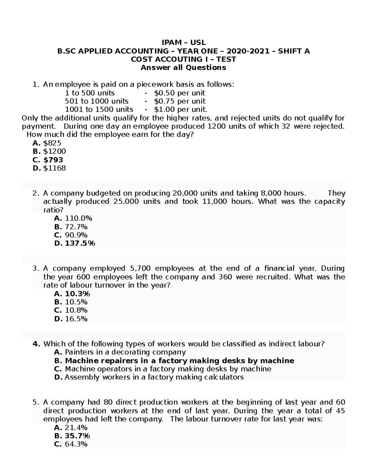 Cost Acounting Test Shift A 2020-2021 - IPAM – USL B APPLIED ACCOUNTING ...