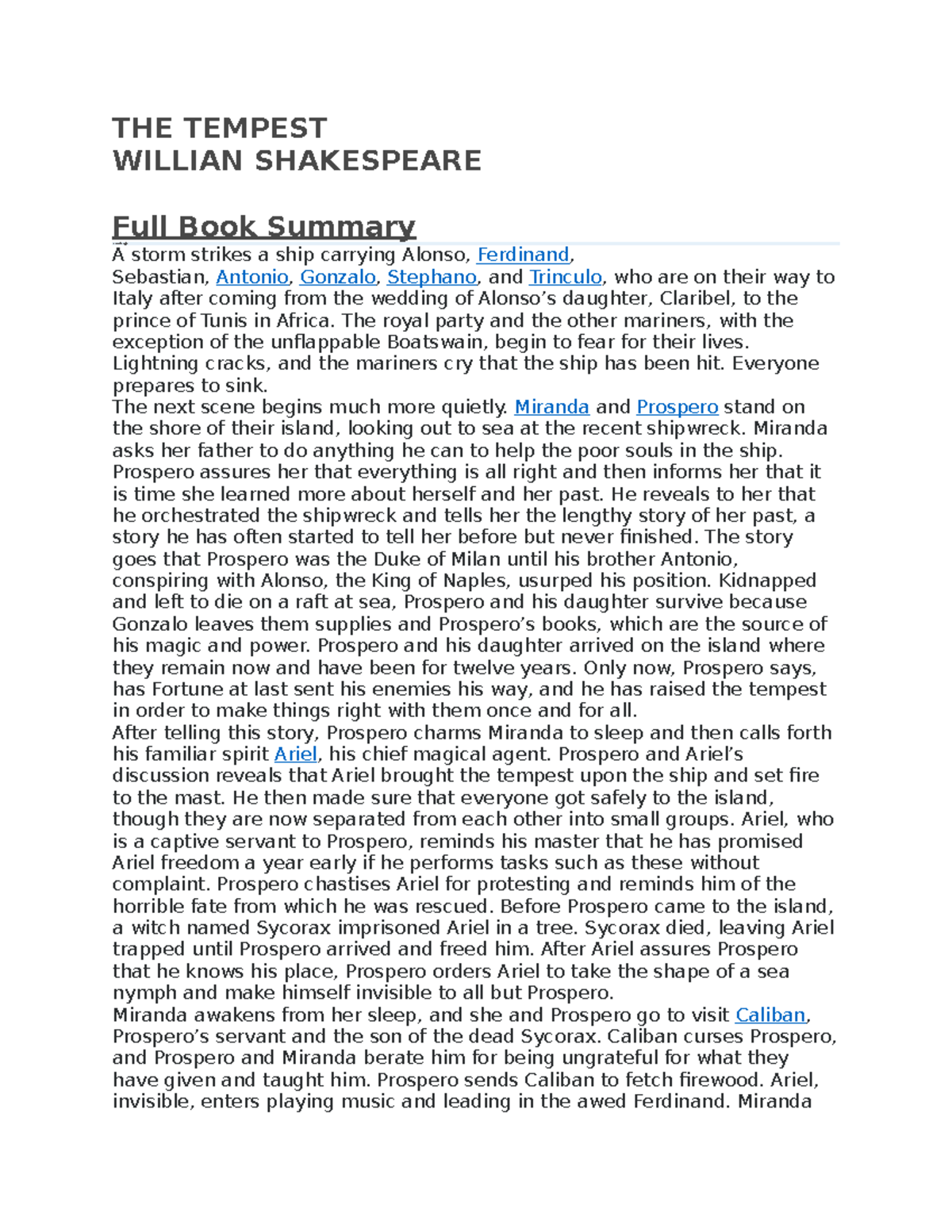 THE Tempest - THE TEMPEST WILLIAN SHAKESPEARE Full Book SummaryFull Book Summary A storm strikes ...