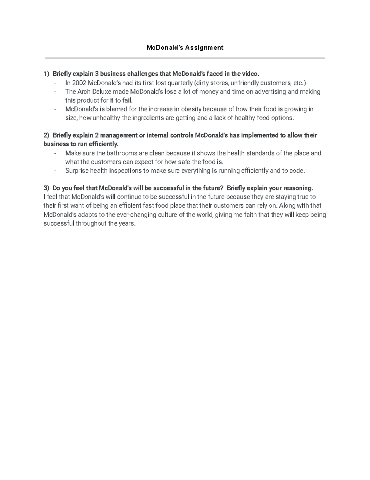 Mc Donald's Assignment - Questions About Mc Donald's - McDonald’s Assignment Briefly explain 3 ...