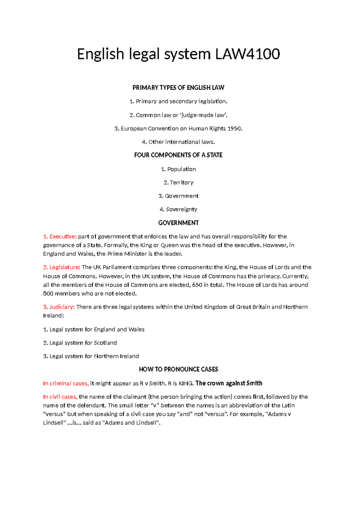 English legal system LAW 4100 - English legal system LAW PRIMARY TYPES ...