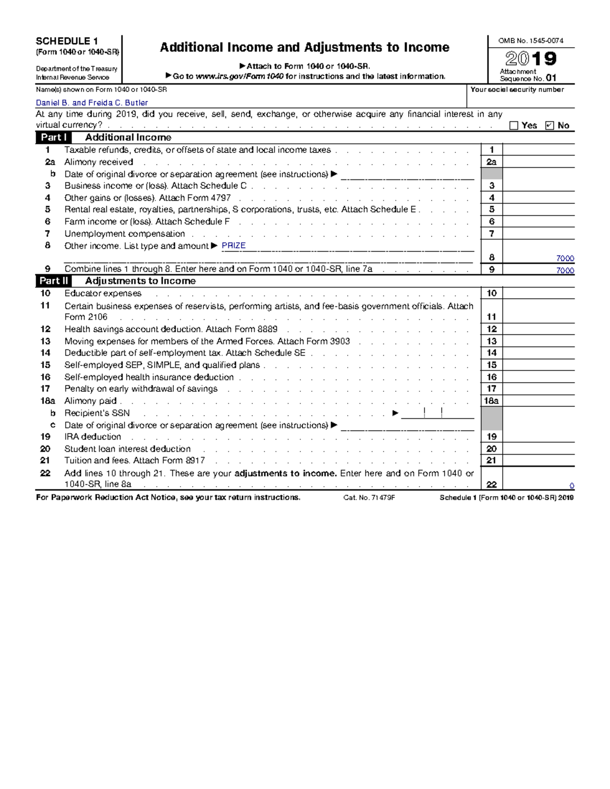 Project 2 Schedule 1 - SCHEDULE 1 (Form 1040 or 1040-SR) Department of ...