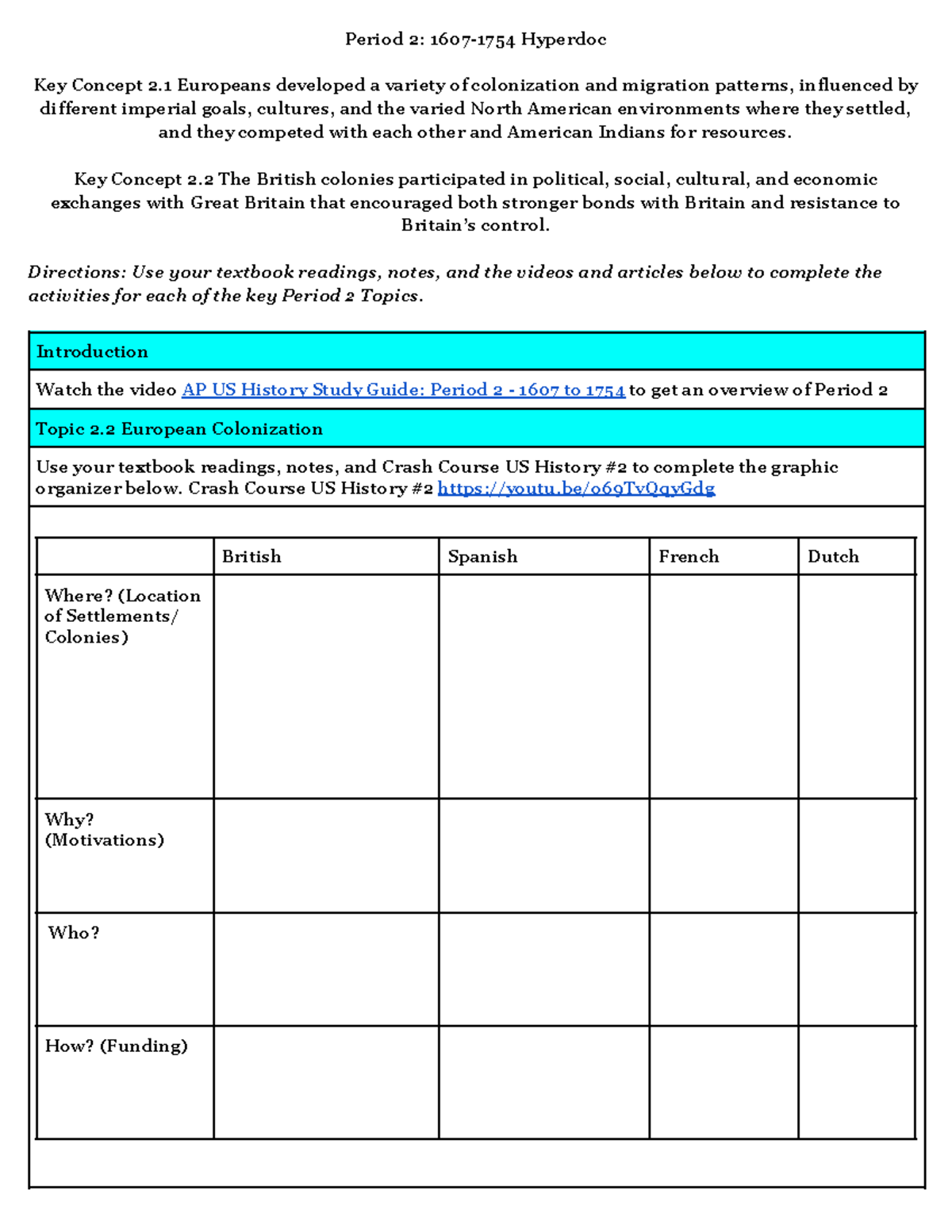 Copy of Hyperdoc Period 2 1607-1754 - Period 2: 1607-1754 Hyperdoc Key ...