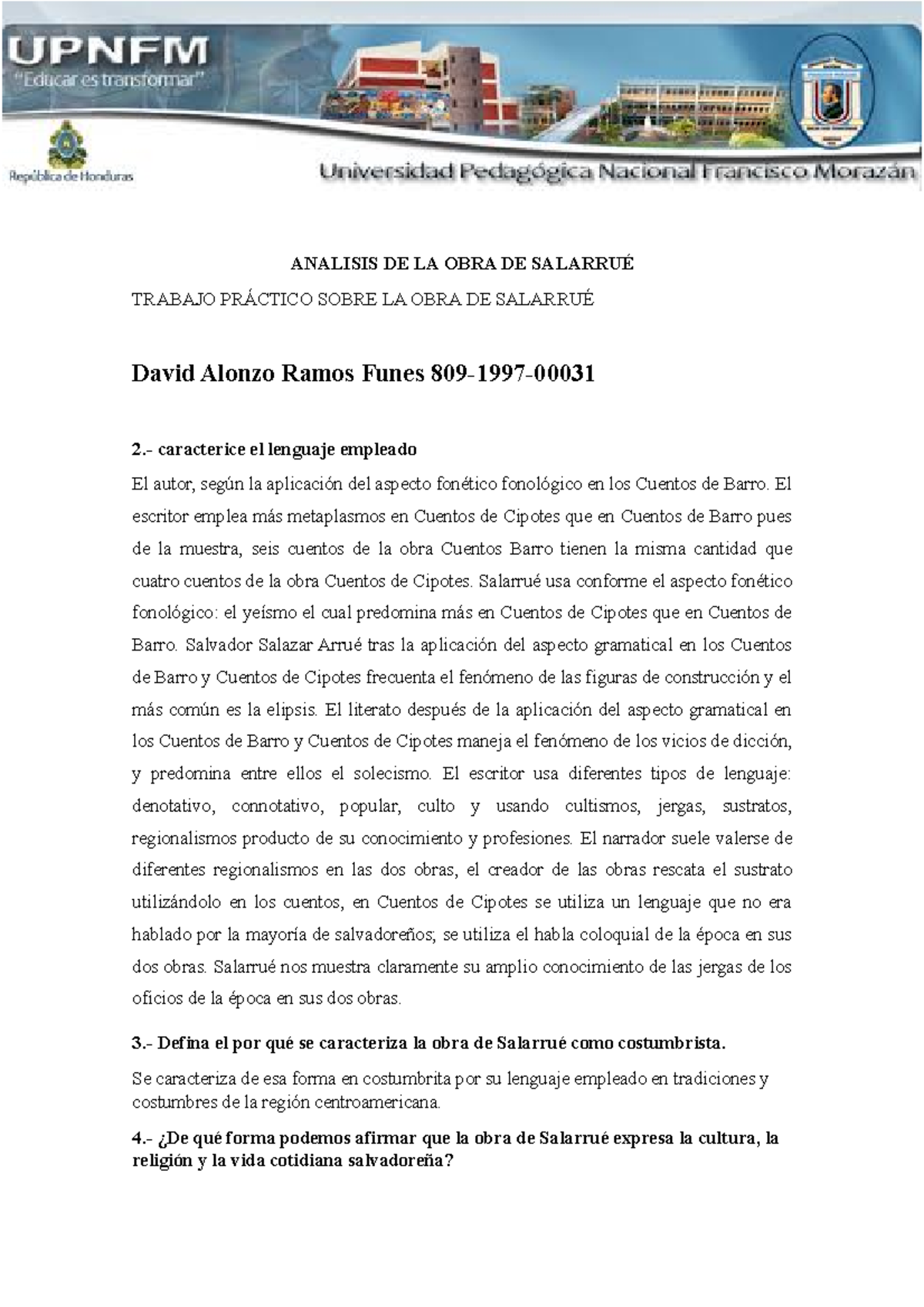 Control DE Lectura DE LA OBRA DE Salarrué - ANALISIS DE LA OBRA DE ...