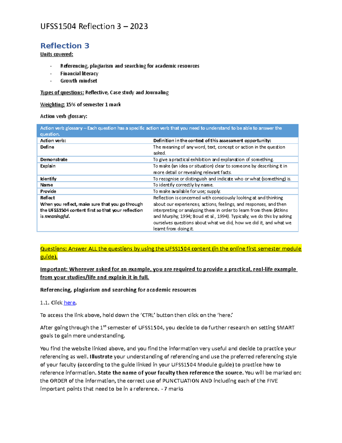 Reflection 3 worksheet Final - Reflection 3 Units covered: Referencing ...