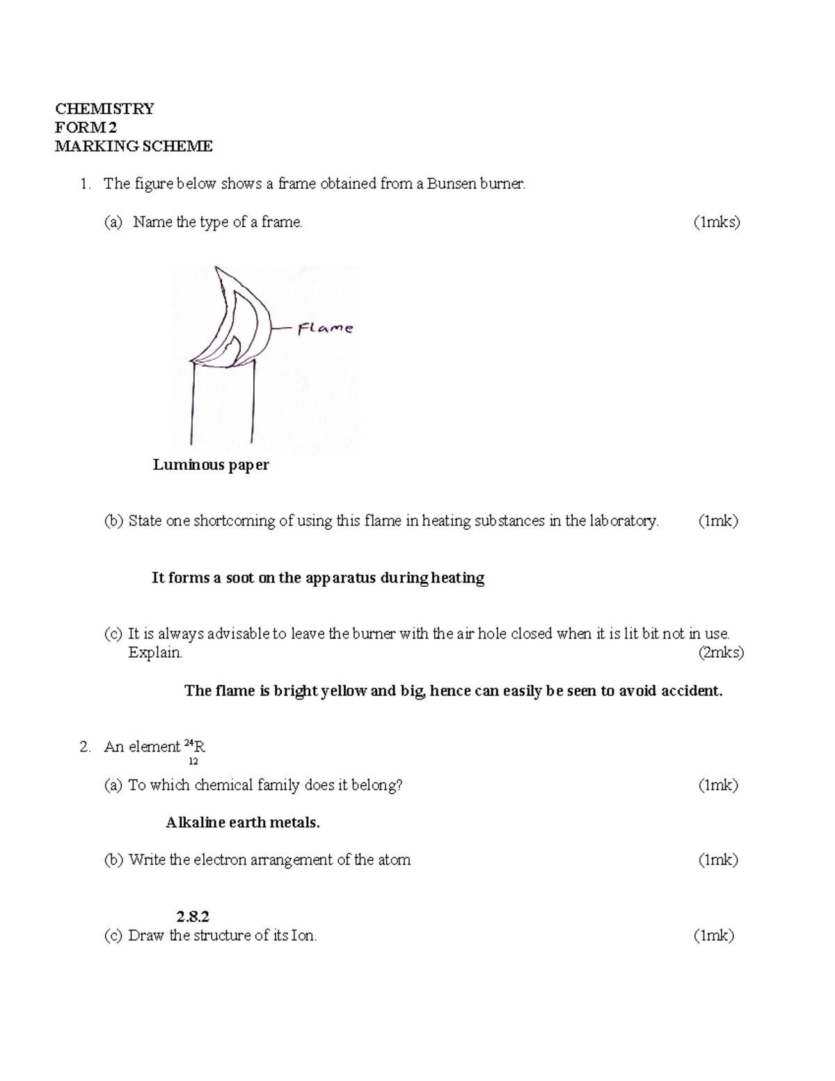 F2 CHEM MT2 MS - summar notes - CHEMISTRY FORM 2 MARKING SCHEME The ...