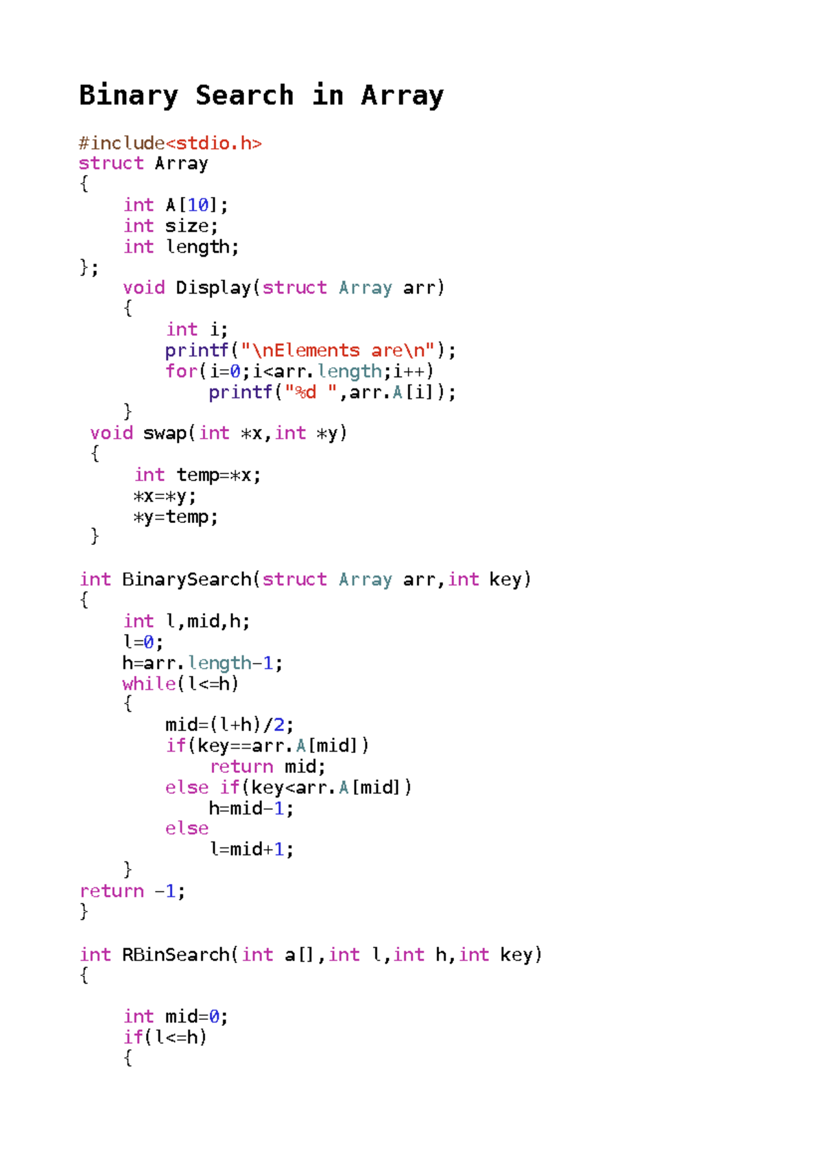BINARY SEARCH KA CODE MAYBE - Binary Search in Array #include struct Array { int A[ 10 - Studocu