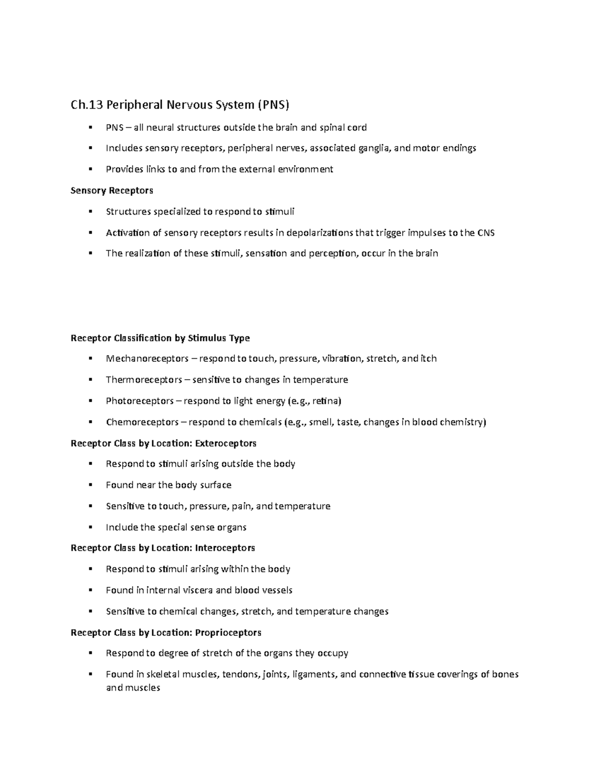 EXAM 2 B Lecture notes - Ch Peripheral Nervous System (PNS) PNS – all ...