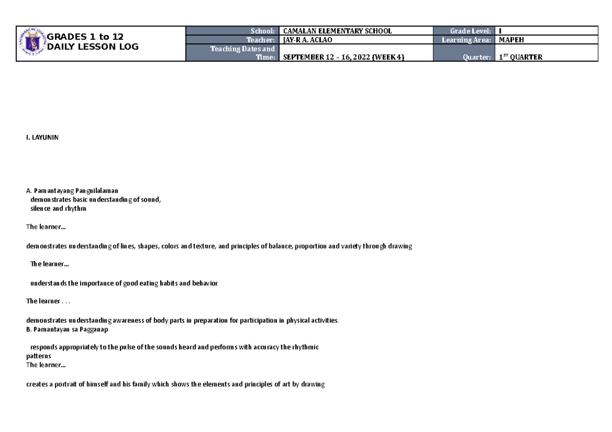 DLL Mapeh 1 Q1 W4 - gjgh kjhu - GRADES 1 to 12 DAILY LESSON LOG School ...
