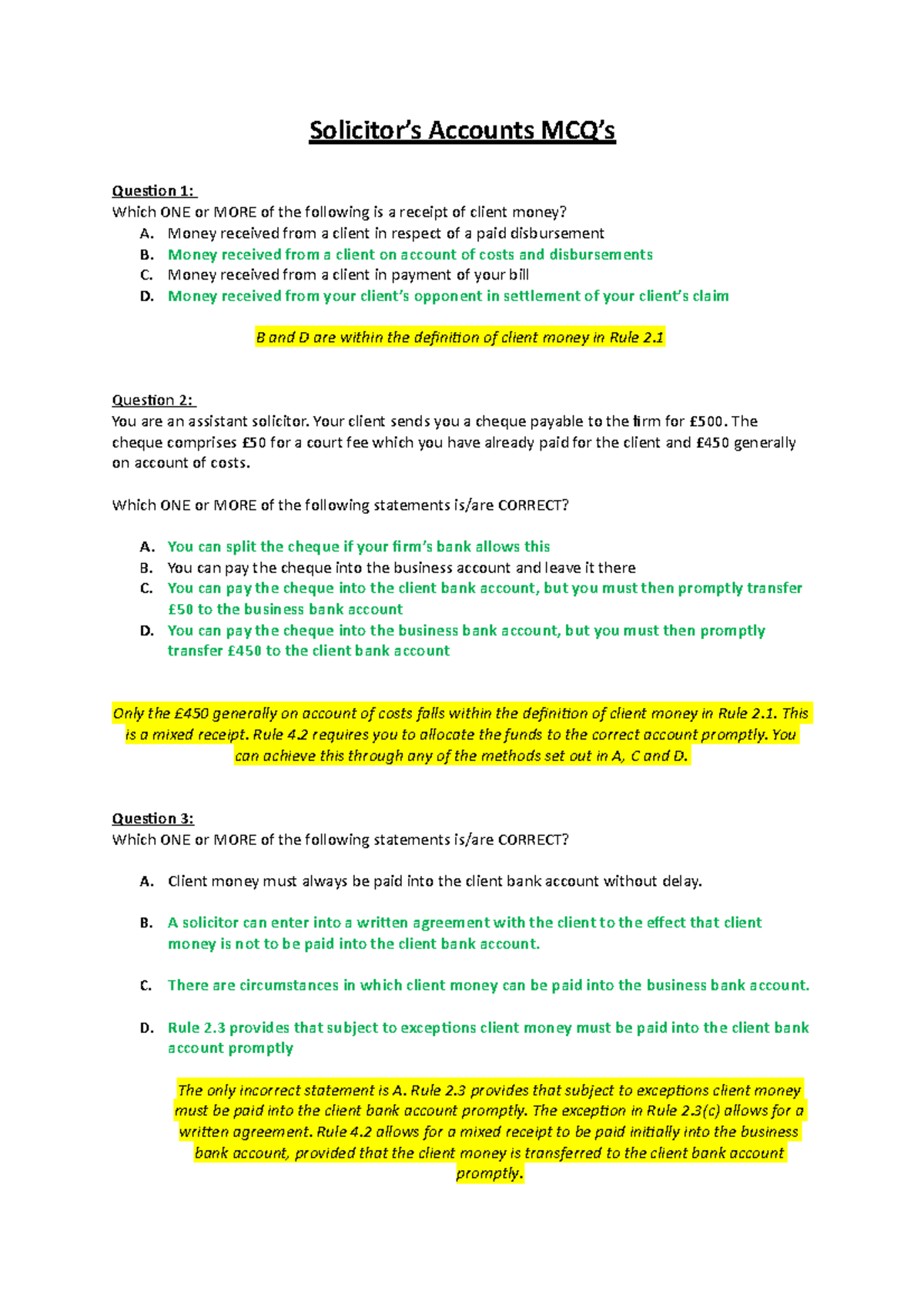 SAC MCQ's - MCQs - Solicitor’s Accounts MCQ’s Question 1: Which ONE or ...