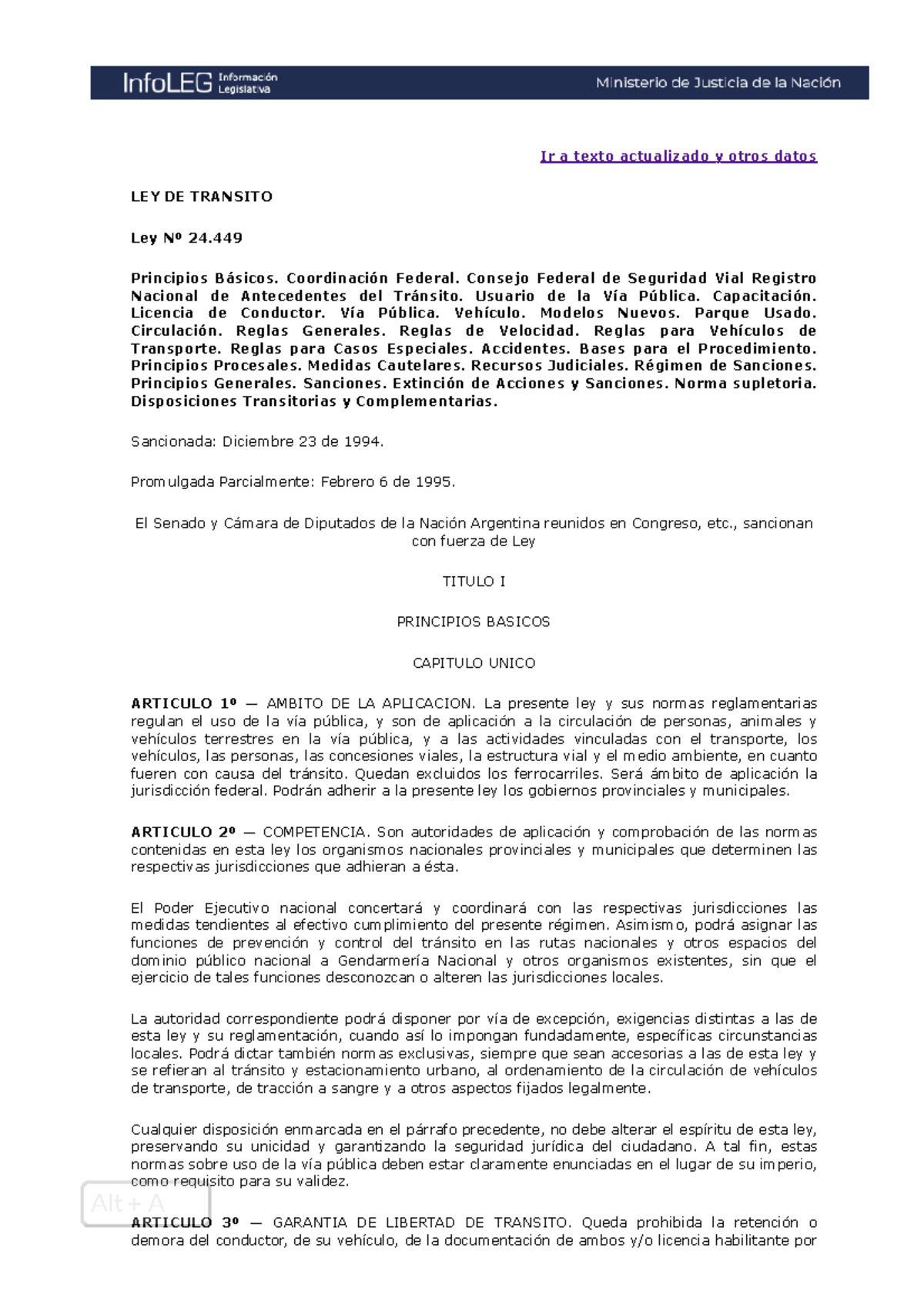 LEY DE Transito 24449 - Ir a texto actualizado y otros datos LEY DE ...