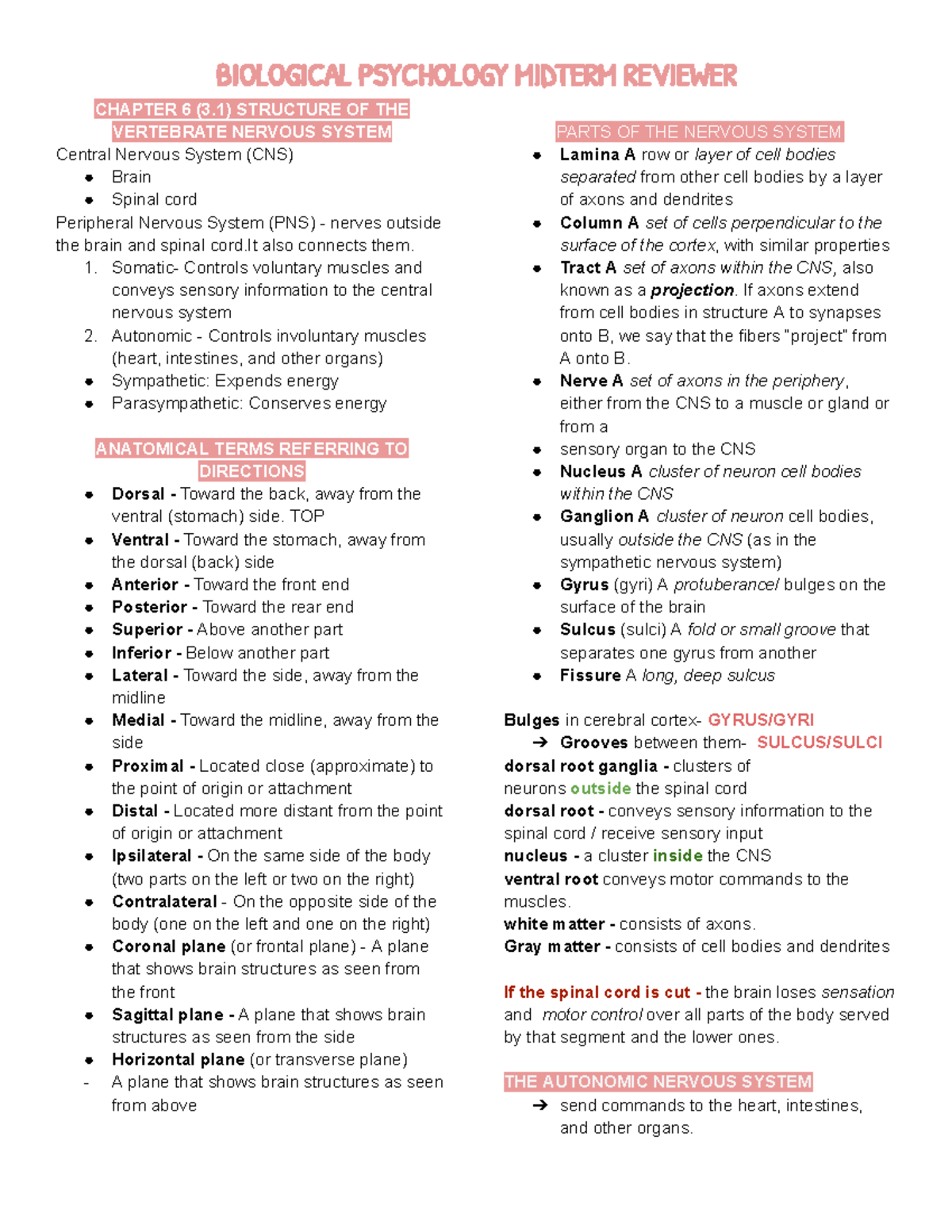 Biopsych Reviewer - BIOLOGICAL PSYCHOLOGY MIDTERM REVIEWER CHAPTER 6 (3 ...