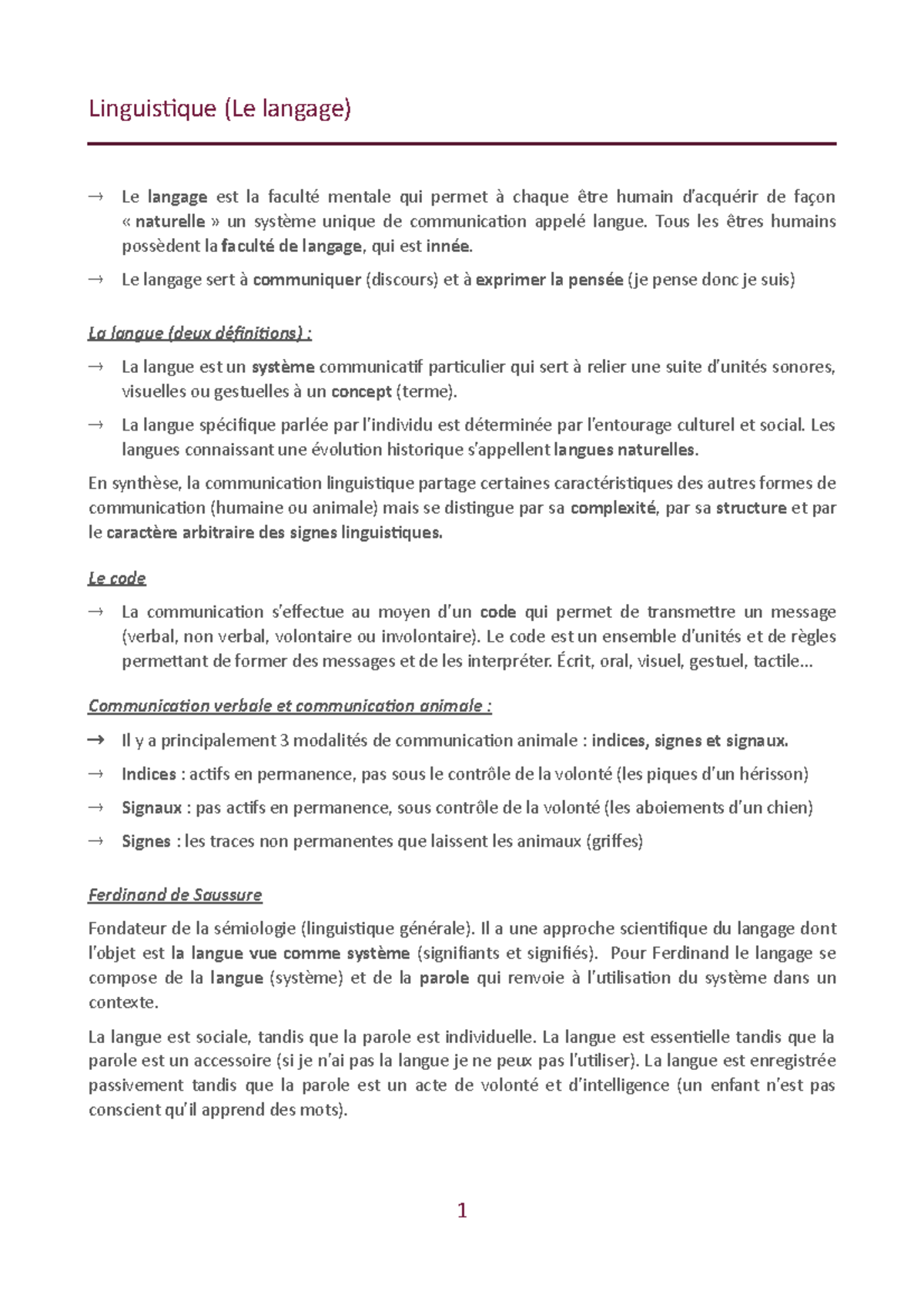 Cours 1 - Linguistique (Le langage) Le langage est la faculté mentale ...