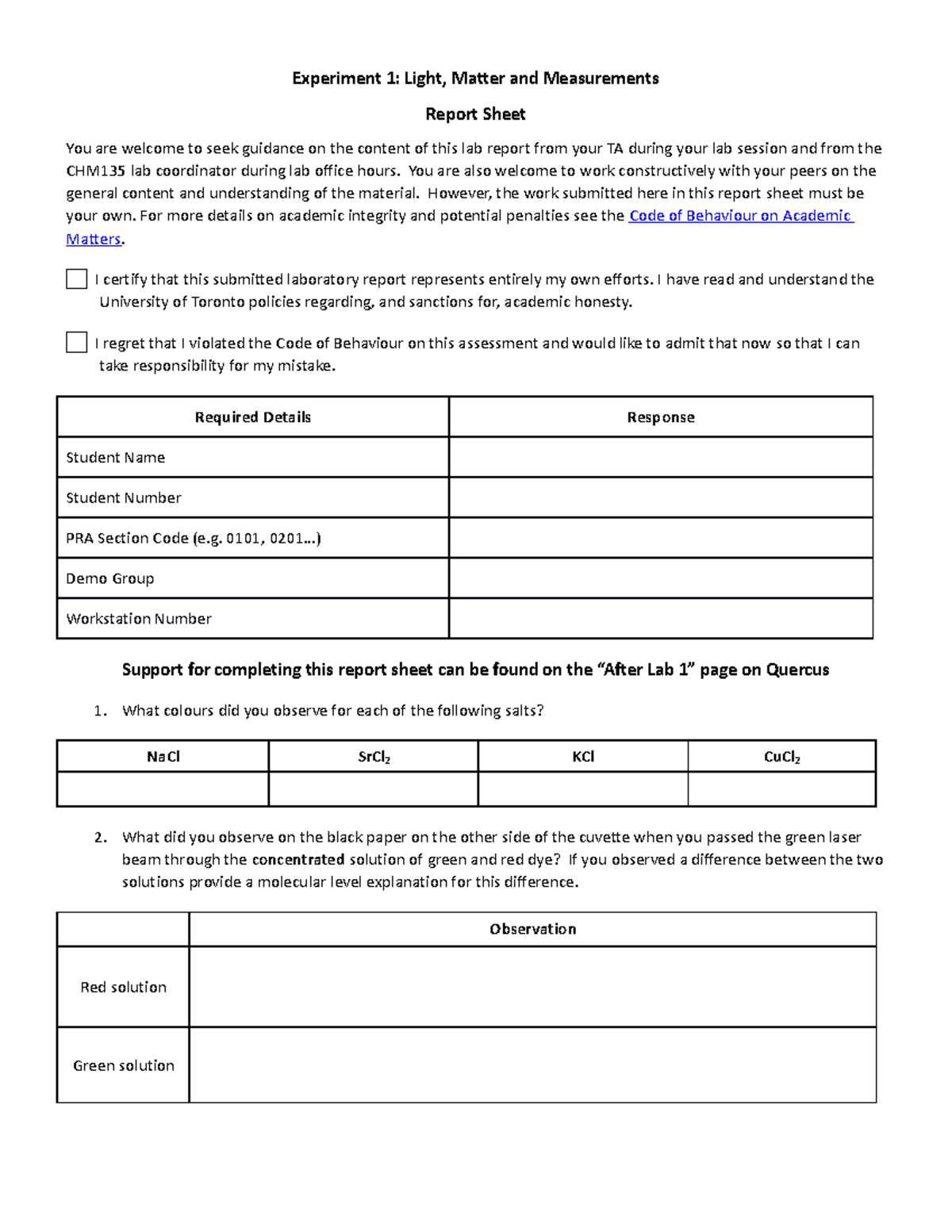 CHM135 Lab 1 Report Sheet - Experiment 1: Light, Matter and ...