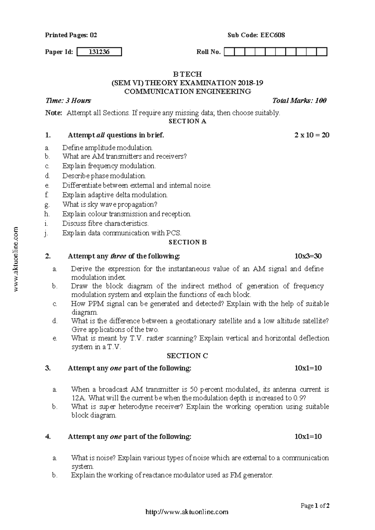 Btech ec 6 sem communication engineering eec608 2019 - Printed Pages: 02 Sub Code: EEC Page 1 of ...